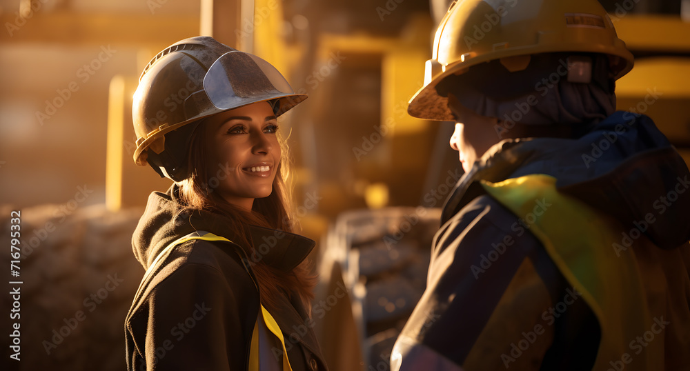 Smiling construction worker, wearing a hard hat,and a reflective vest, stands confidently at a ...