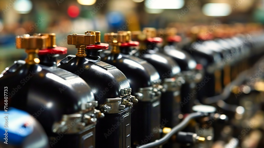 Industrial Steel Gas Cylinders: Row of High-Pressure Tanks in a Factory ...