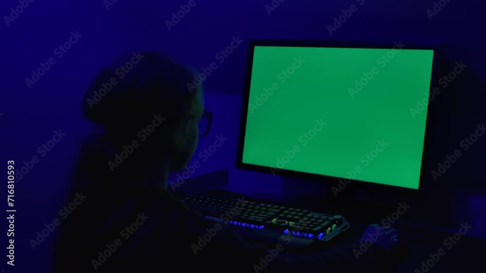 Girl of Green Screen Display PC at Desk in Home at Night. Desktop PC ...