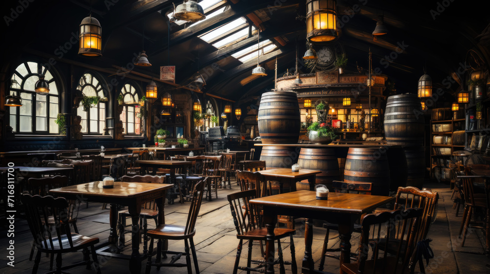 Professional photo of an old beer pub with beer barrels. The atmosphere ...