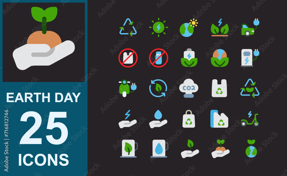 earth day icon set.flat style.dark background.vector collection of ...