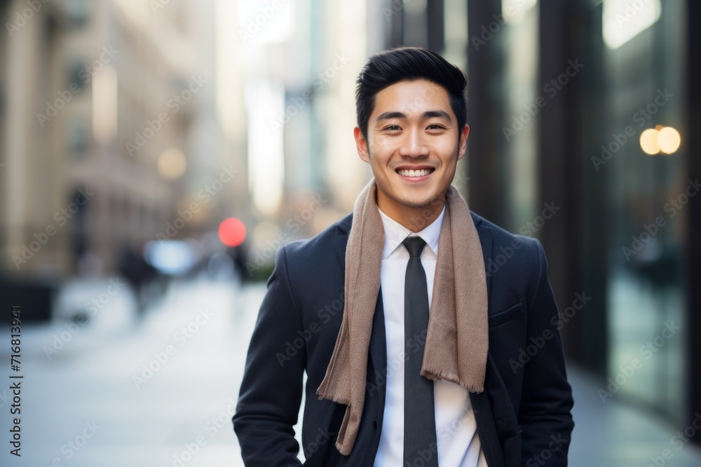 Portrait of a smiling asian man in his 20s wearing a versatile buff ...
