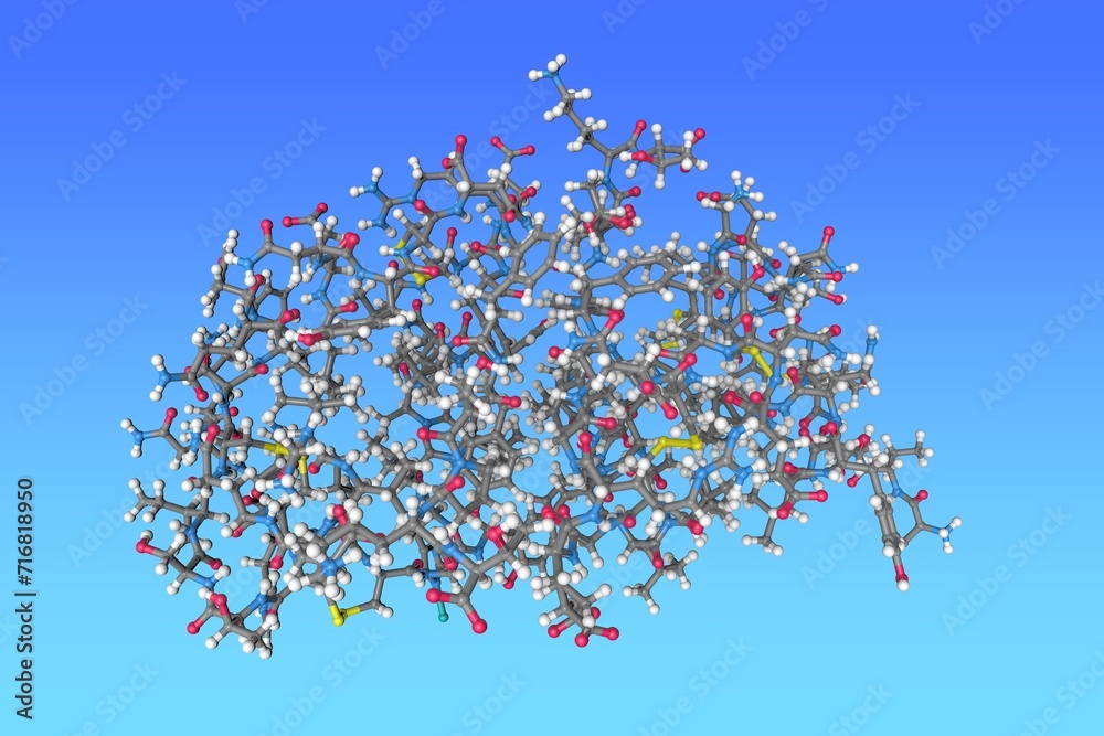 T6 human insulin. Molecular model. Atoms are shown as spheres with ...
