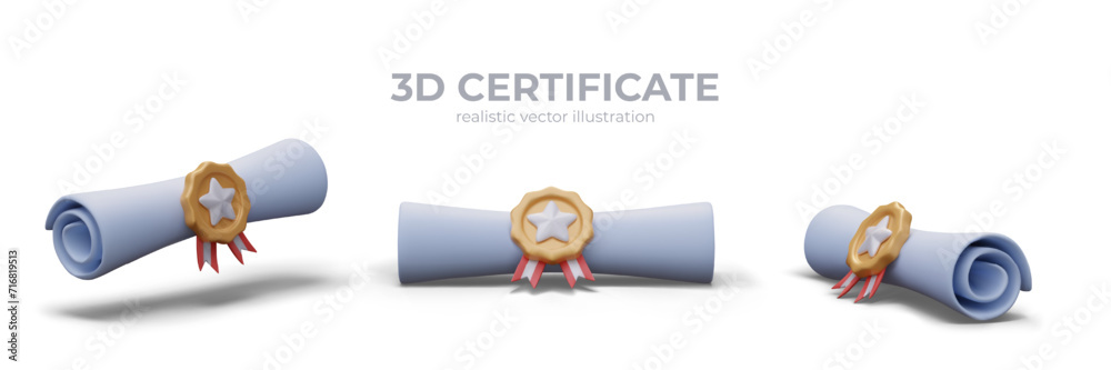 Realistic rolled certificate with seal. Paper scroll, document. Set of ...