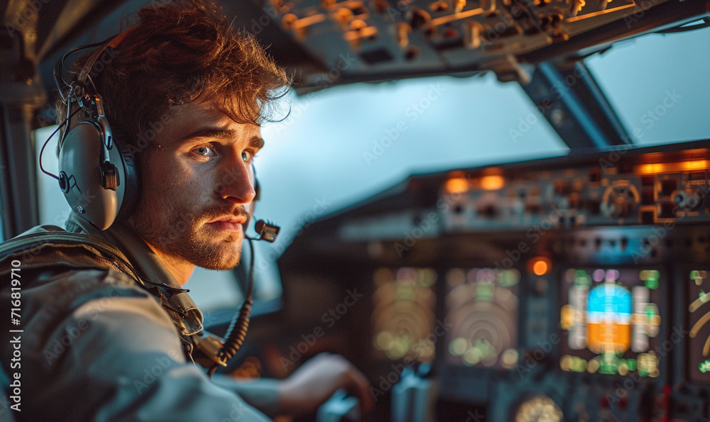 a pilot in the cockpit, focused on pre-flight checks with a backdrop of ...