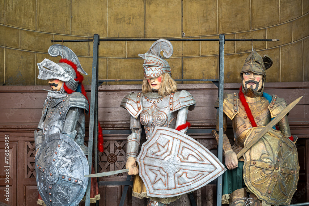 Palermo, Sicily, Italy Medieval mock-up prop characters with swords and ...