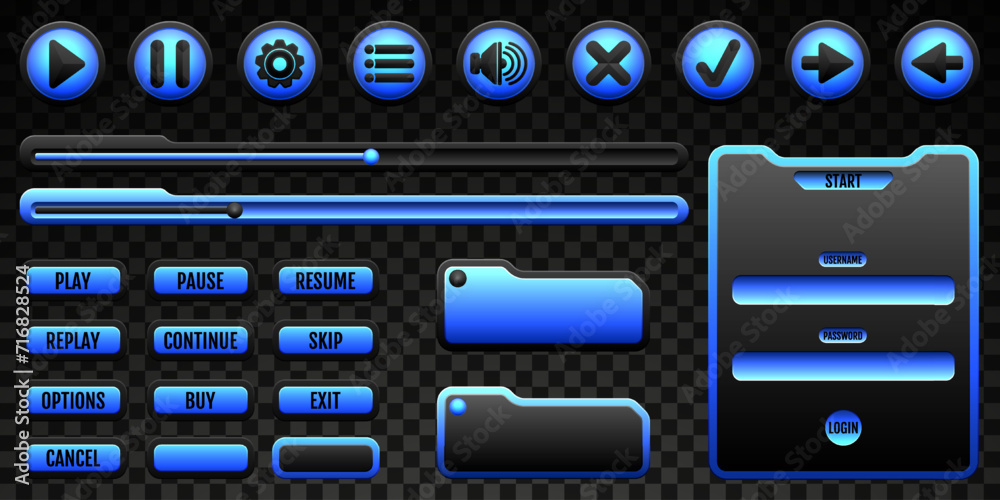 Game Menu Interface Buttons And Panels Gui Elements Set With Black And Neon Blue Border For Game