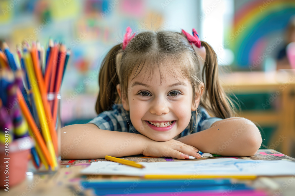 Excited little girl learns to draw with a colour pencil in an art class ...