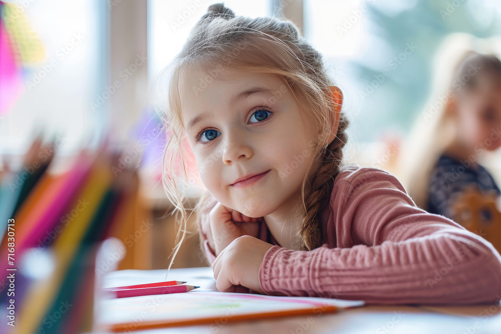 Excited little girl learns to draw with a colour pencil in an art class ...