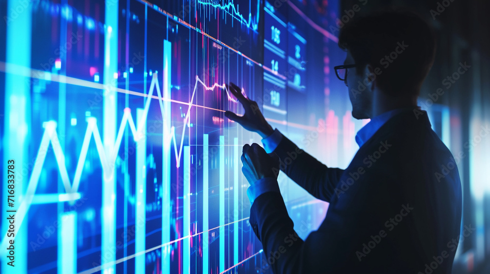 A businessman interacting with a holographic bar graph floating in the ...