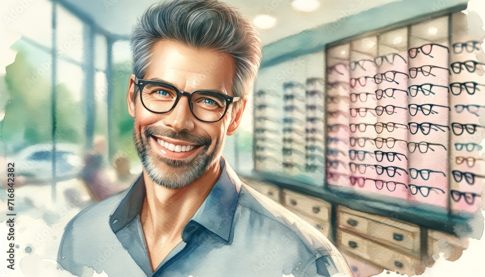 The image is a vibrant portrait of a man wearing glasses in an optical ...