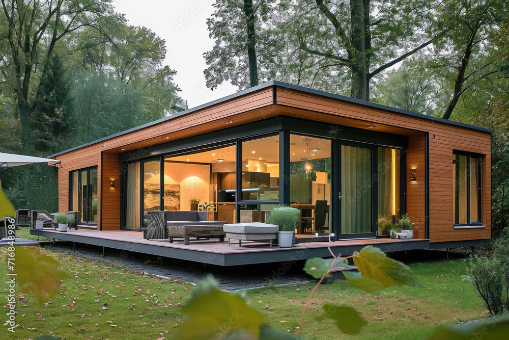 Modular wooden house on wheels with flat roof and big windows all ...