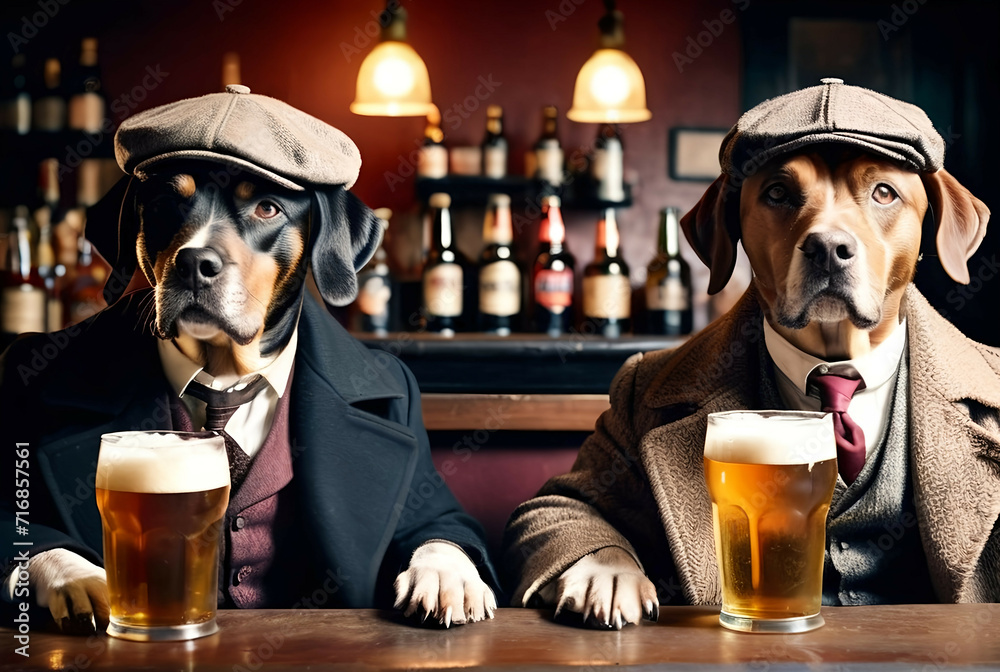 Dogs at the bar drinking beer , Mafia clothes , animal with a hat Stock ...