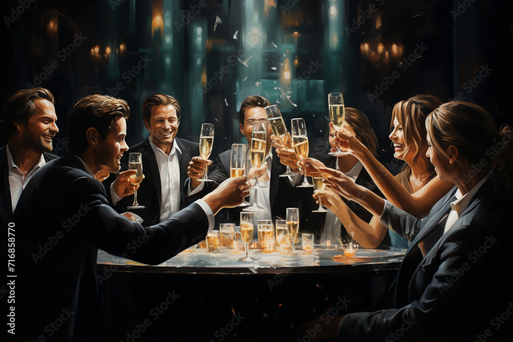An elegant depiction of a business team toasting with glasses of ...