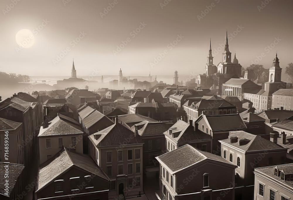 Vintage black and white (sepia) photograph of the old town of the 19th ...