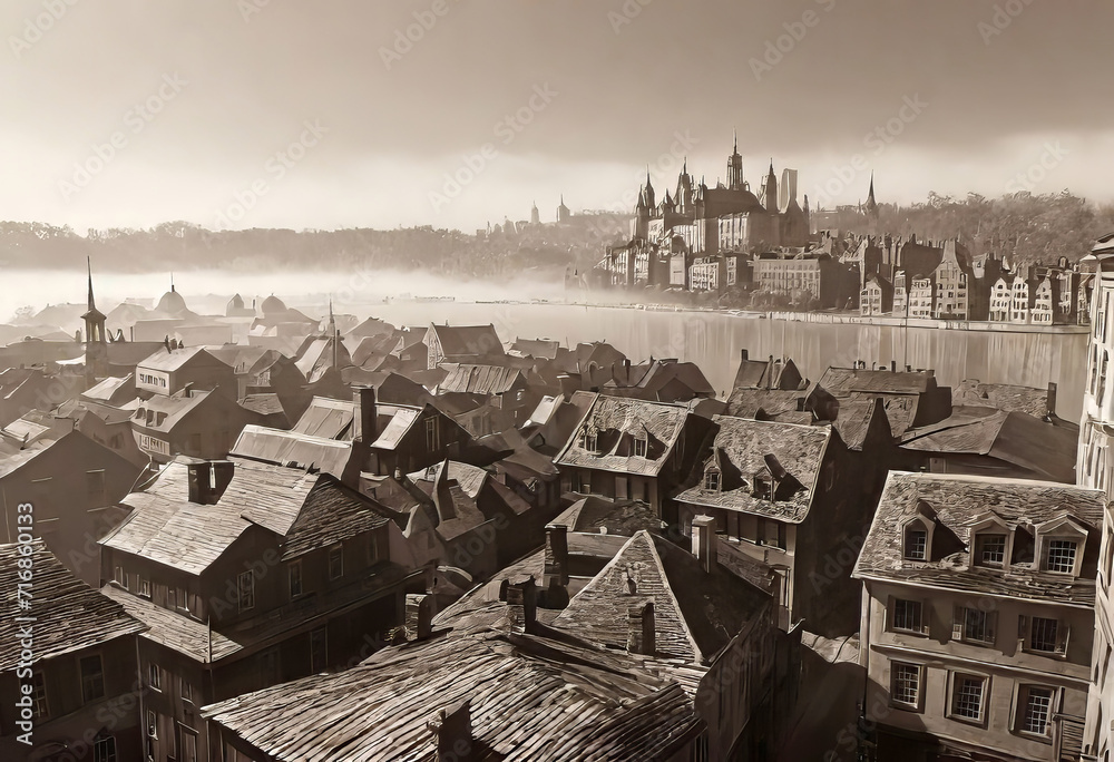 Old black and white street photographs of the Victorian era city, Stock ...