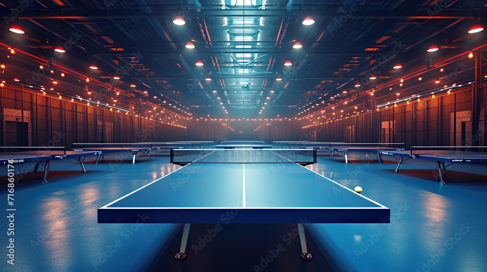 Professional table tennis arena with illuminated tables, blue floor no ...