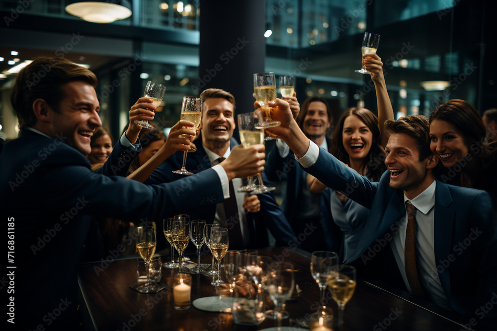 A celebratory scene of a successful business team toasting with ...