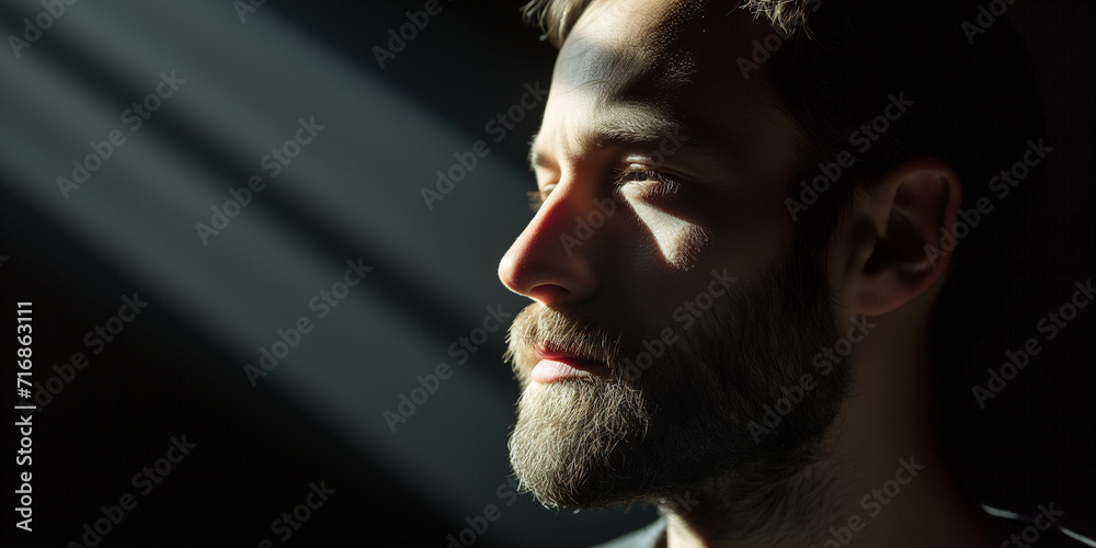 Bearded man in profile, with striking light and shadow stripes across ...