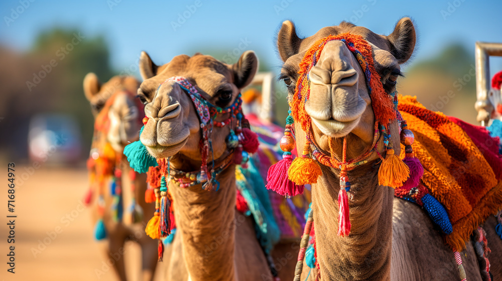 Camels in traditional clothes wait by the roadside for tourists wanting ...