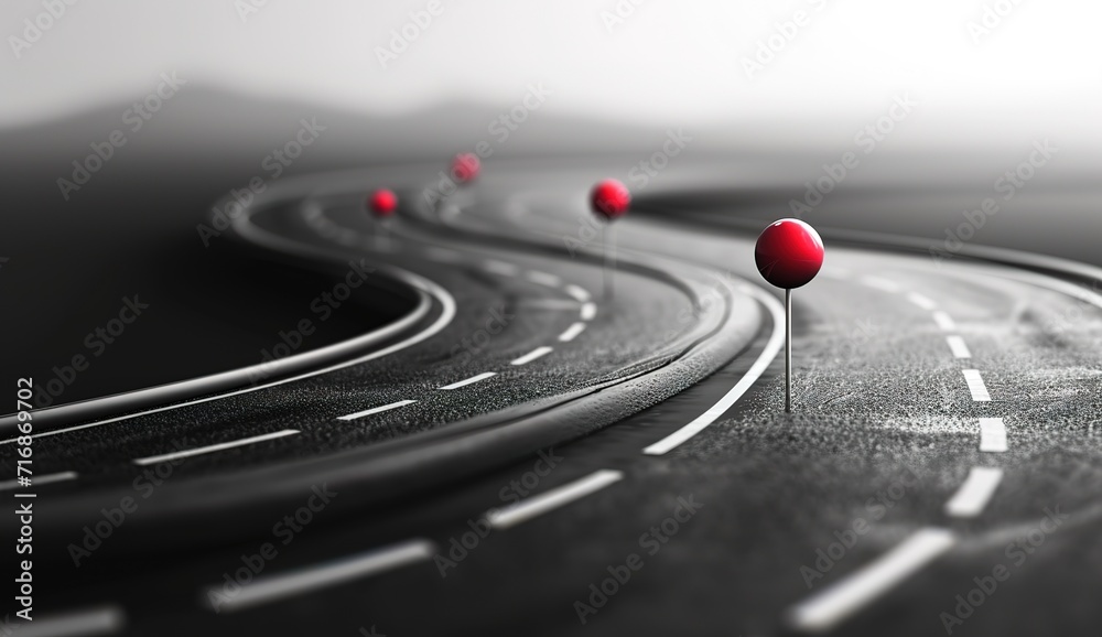 Journey navigation: conceptual image of a winding road marked with red ...