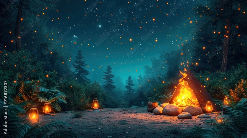 a painting of a night scene with a campfire in the middle of a forest ...