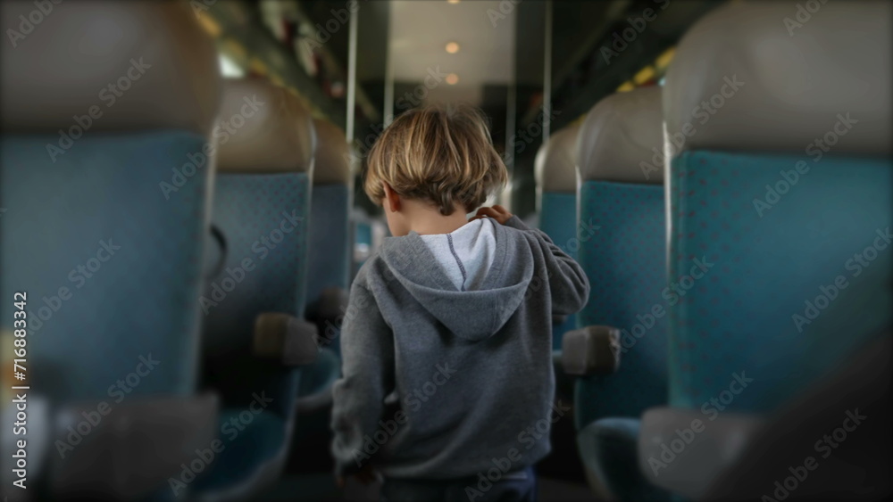 Back of little boy walking in train corridor while traveling inside ...