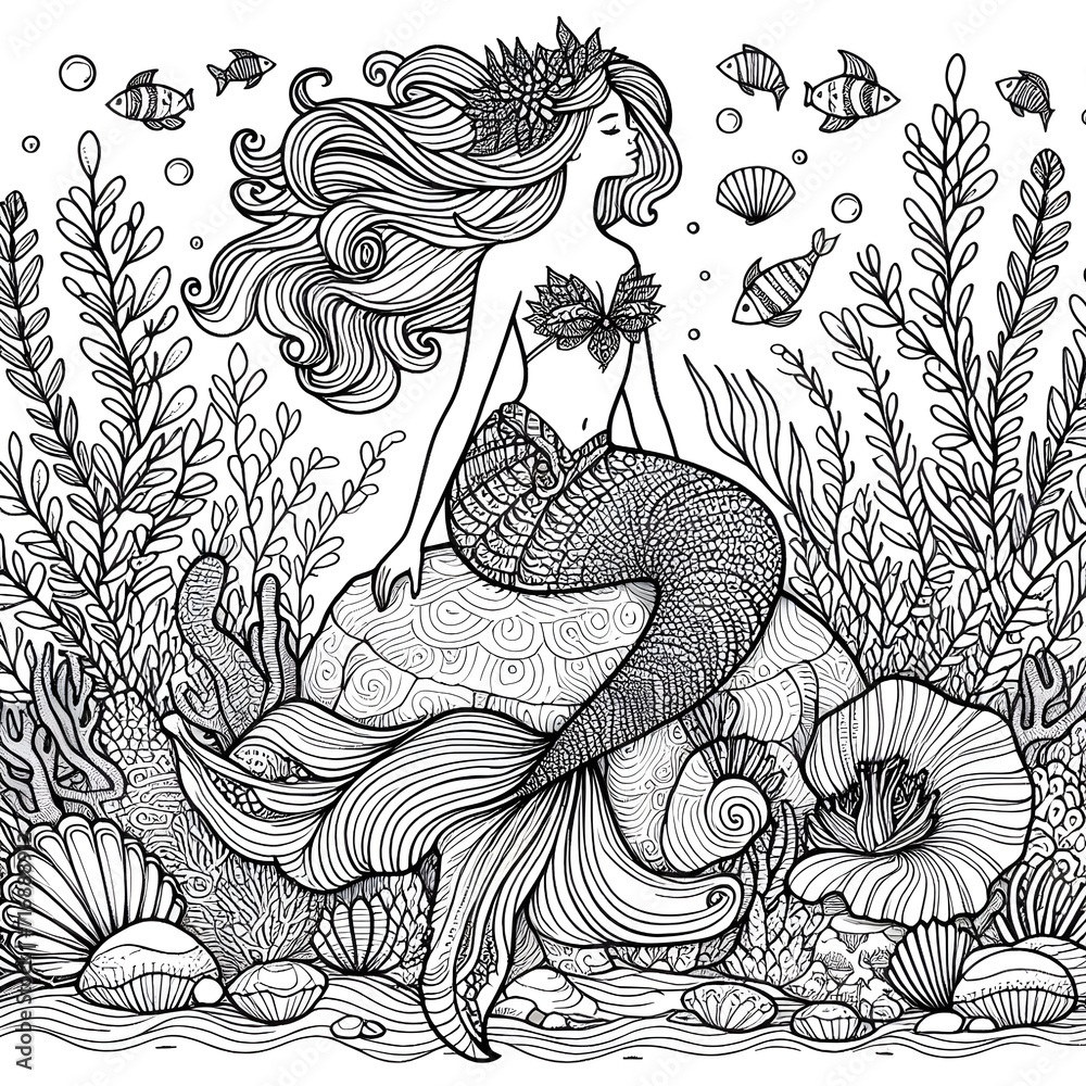 Beautiful mermaid coloring page design Stock Photo | Adobe Stock
