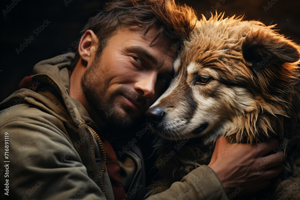 A heartwarming scene of a young man cuddling with their pet. Stock ...