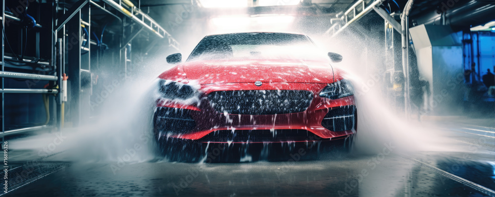 Professional carwash. Car wash with white soap and foam on luxury cars ...