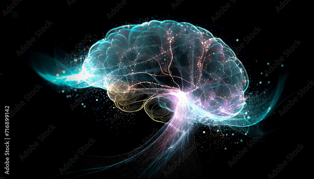 Abstract human brain neural network by colorful light particles flowing ...