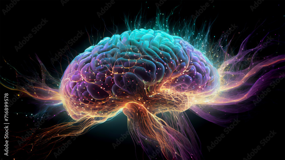 Abstract human brain neural network by colorful light particles flowing ...