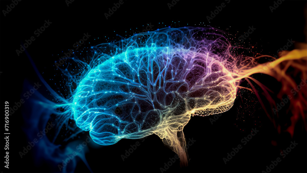 Abstract human brain neural network by colorful light particles flowing ...