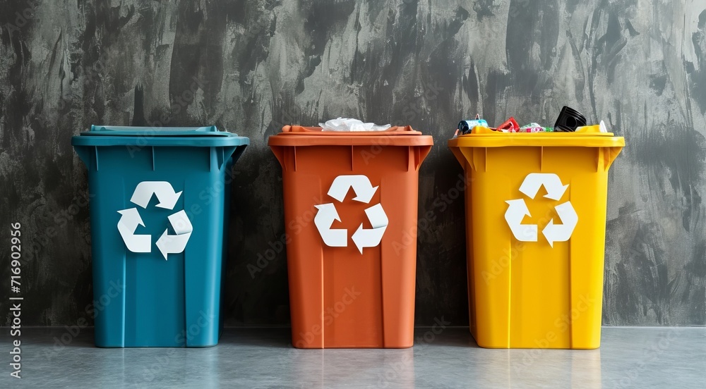 recycling bins standing side by side, each labelled with a different ...