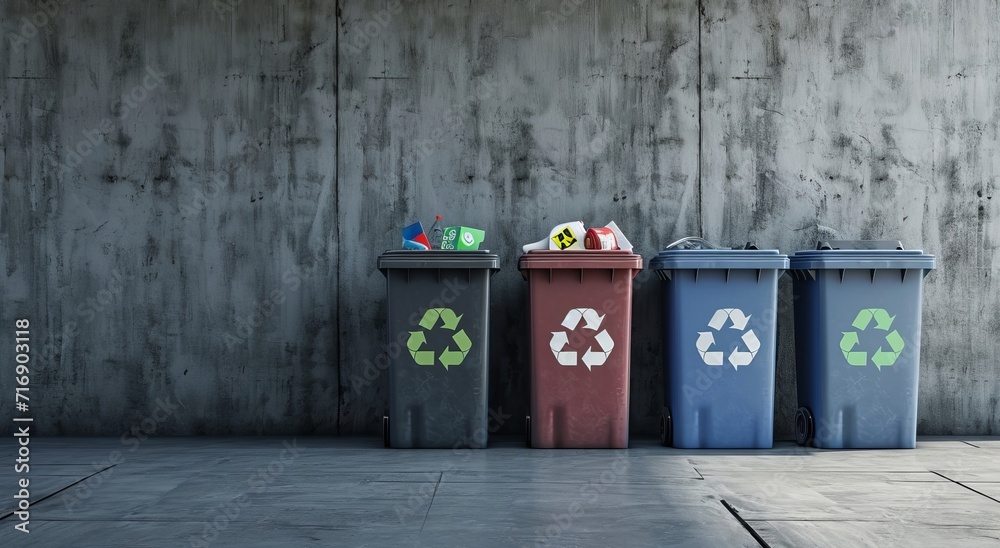 recycling bins standing side by side, each labelled with a different ...
