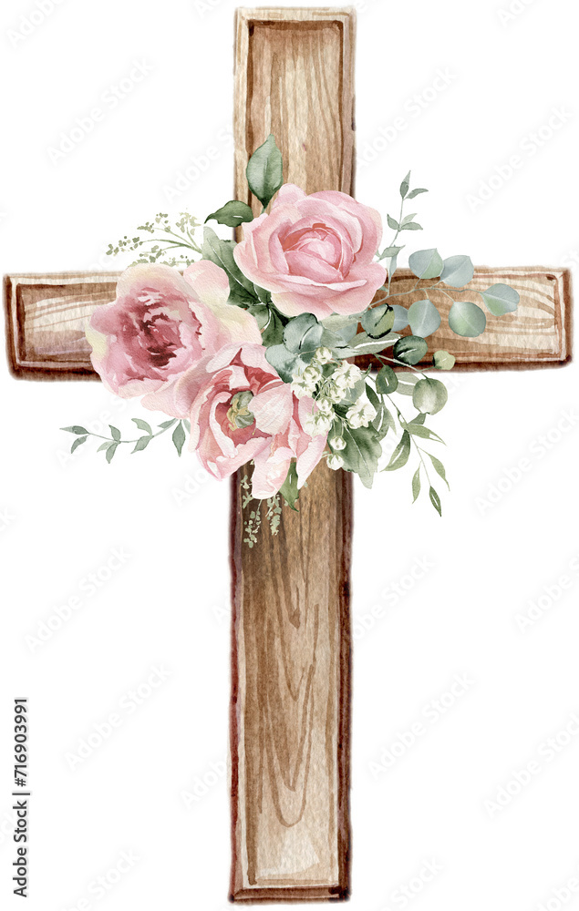 Watercolor floral cross with pink flower bouquet. Easter catholic ...