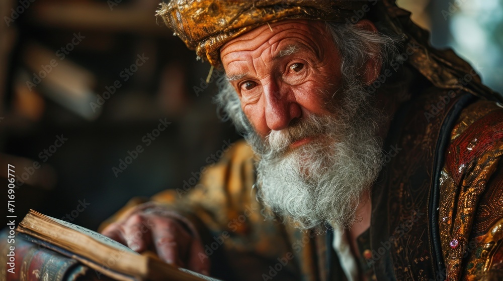 Portrait of an old man with a gray beard in a hat and a medieval ...
