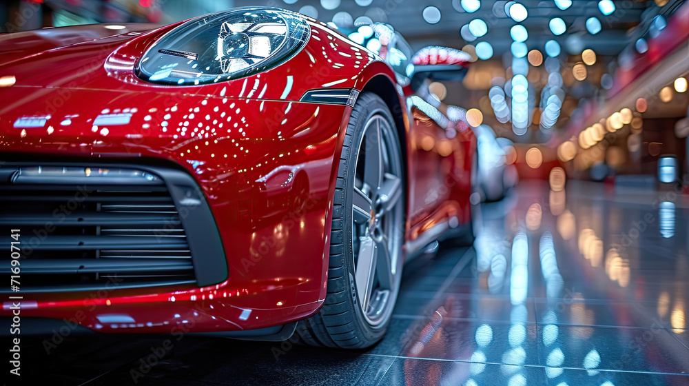 Shiny red sports car showcased in a modern showroom. Stock Illustration ...