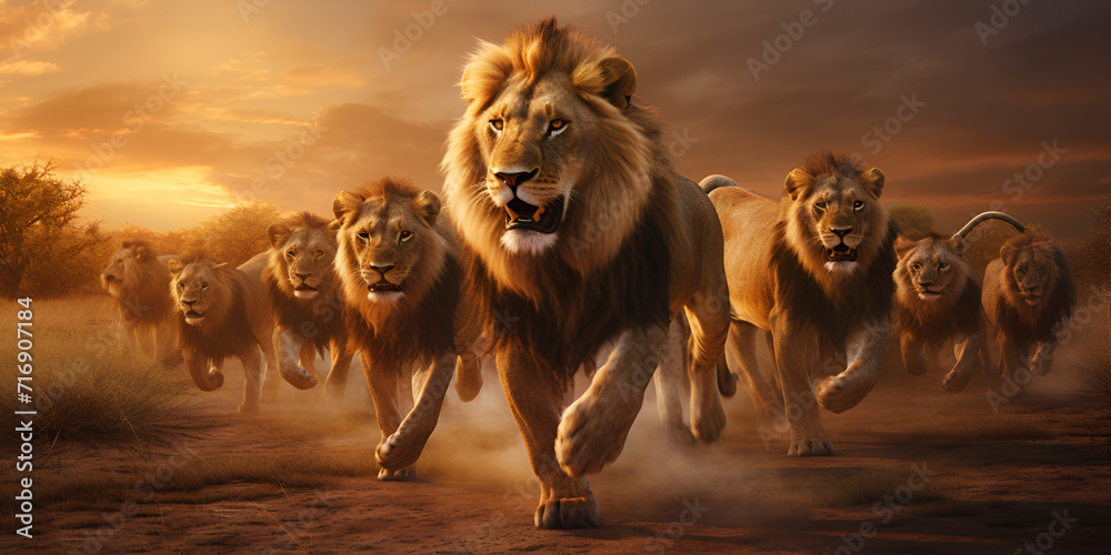 lions walking in a line across a rocky terrain ,A lion roars with his ...