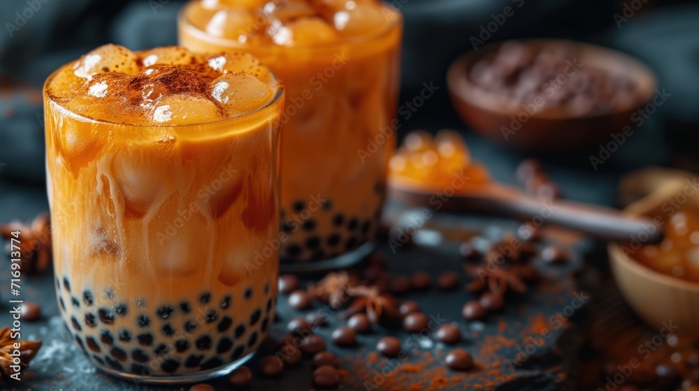 Bubbles in an Iced Boba Drink Close-Up, milk tea, asian beverage ...