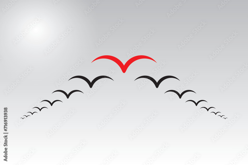 Vector illustration of bird flock: red leader stands out of black ...