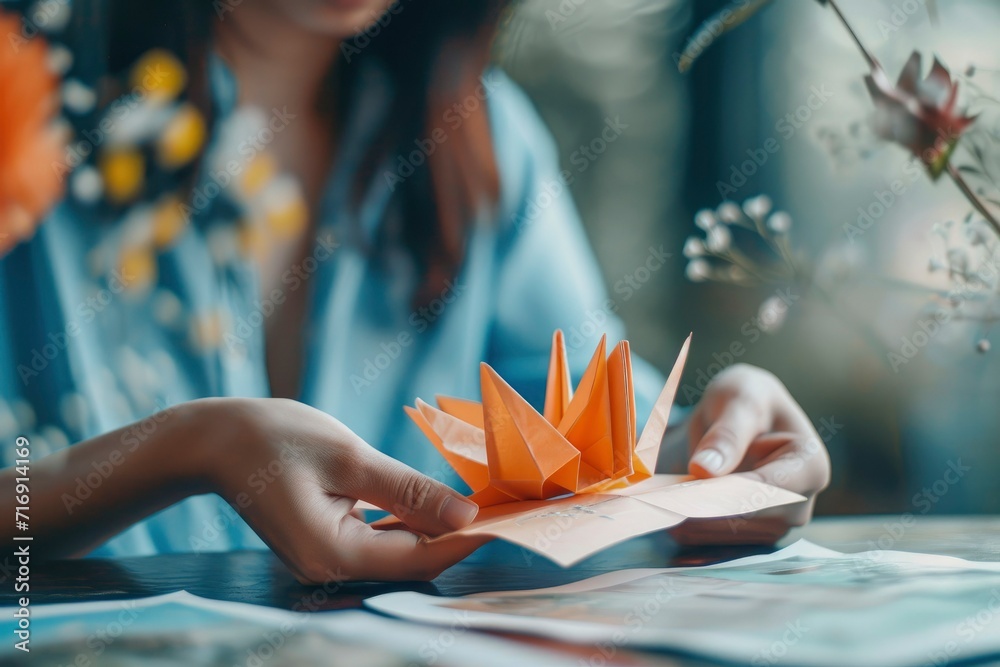 Female hands folding origami art paper. Creative woman is making ...