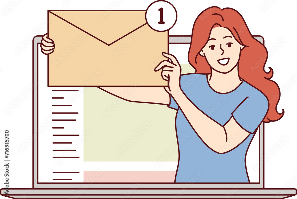 Email messages in hands of woman looking out laptop and holding large ...