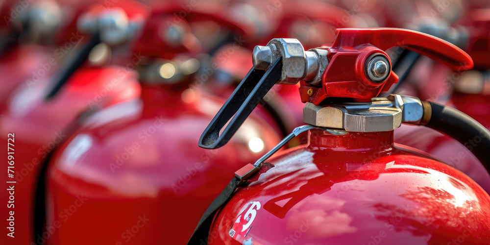 Row of Fire Extinguishers. Close-up of lots of red fire extinguishers ...