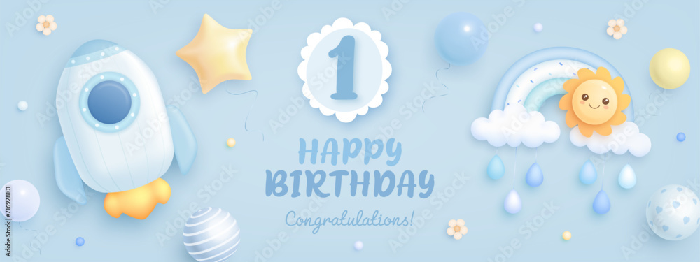 Number 1 birthday celebration banner with realistic cartoon rocket and ...