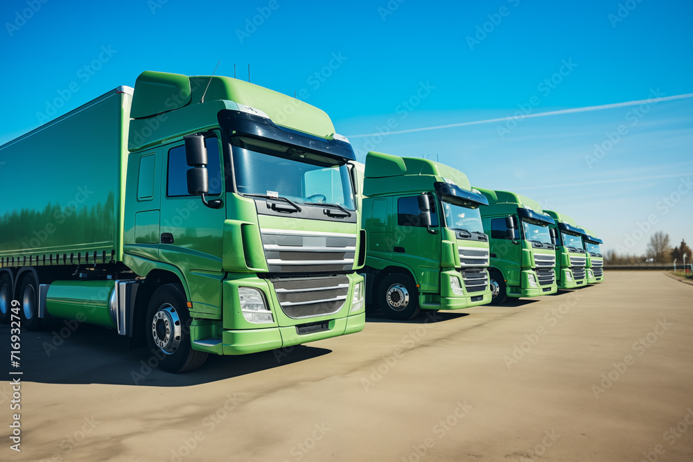 Row of green semi trucks parked in sequence, showcasing eco-friendly ...