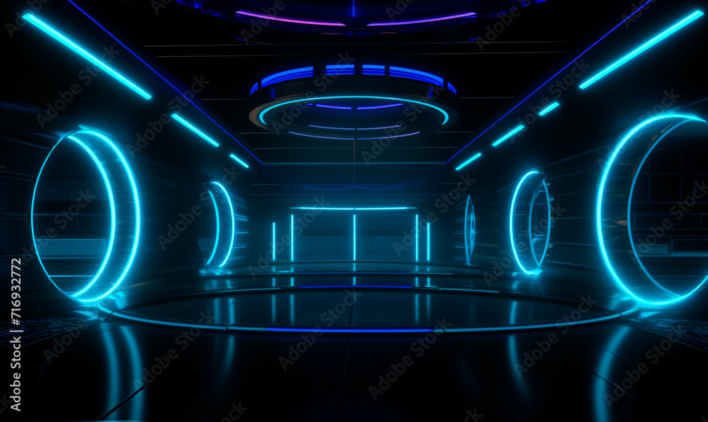 Cyber room with podium portal background. Blank neon digital 3d ...