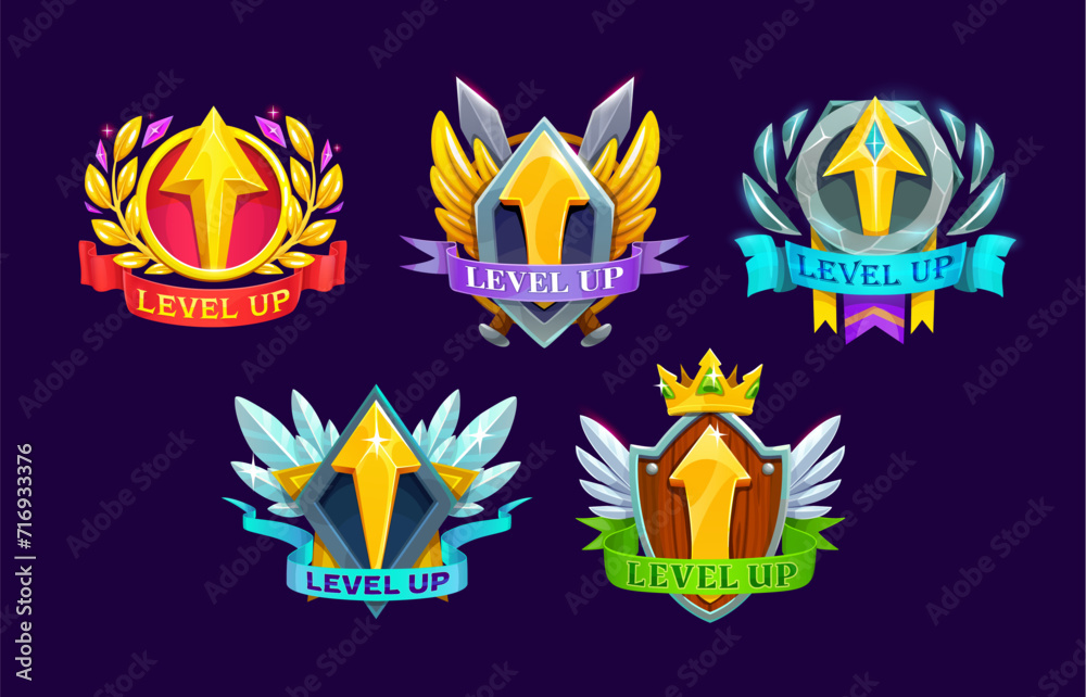 Game interface level up badges and win icons with arrows, vector ui ...