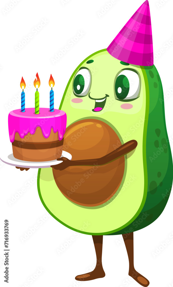 Cartoon Mexican cheerful avocado character with birthday holiday pie ...