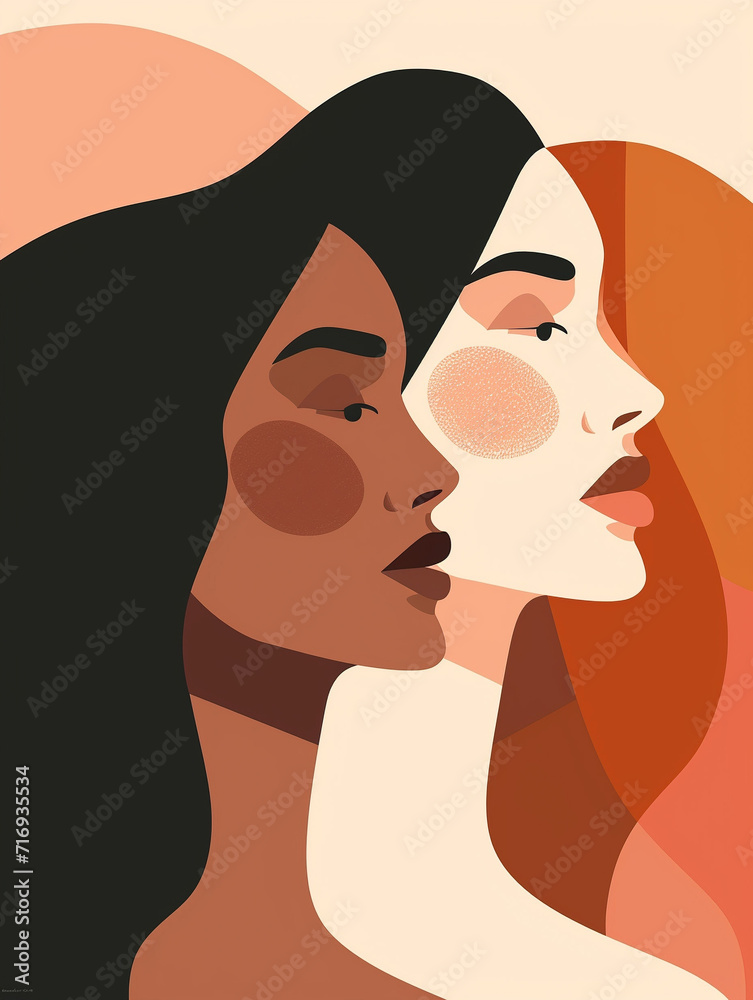 Illustration of two stylized female profiles in an abstract modern art ...